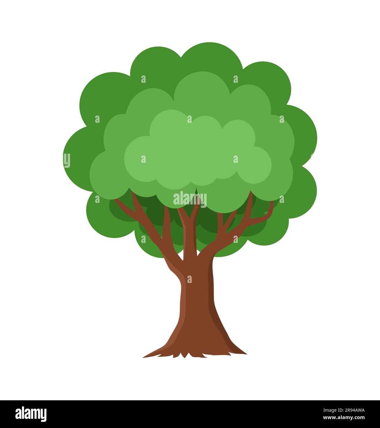 A tree with a green crown and a thick trunk isolated on a white ...