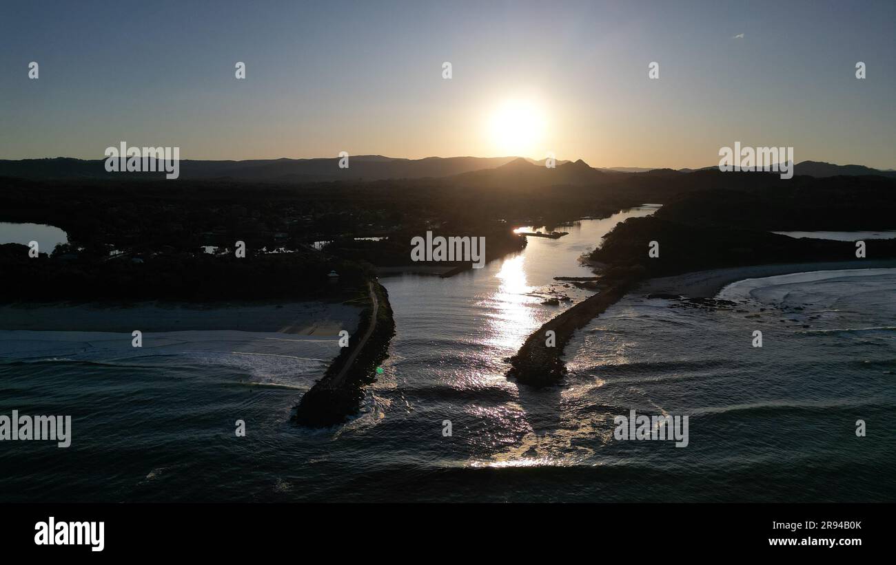 A stunning aerial view of a sunset sky over the Brunswick Heads, NSW ...