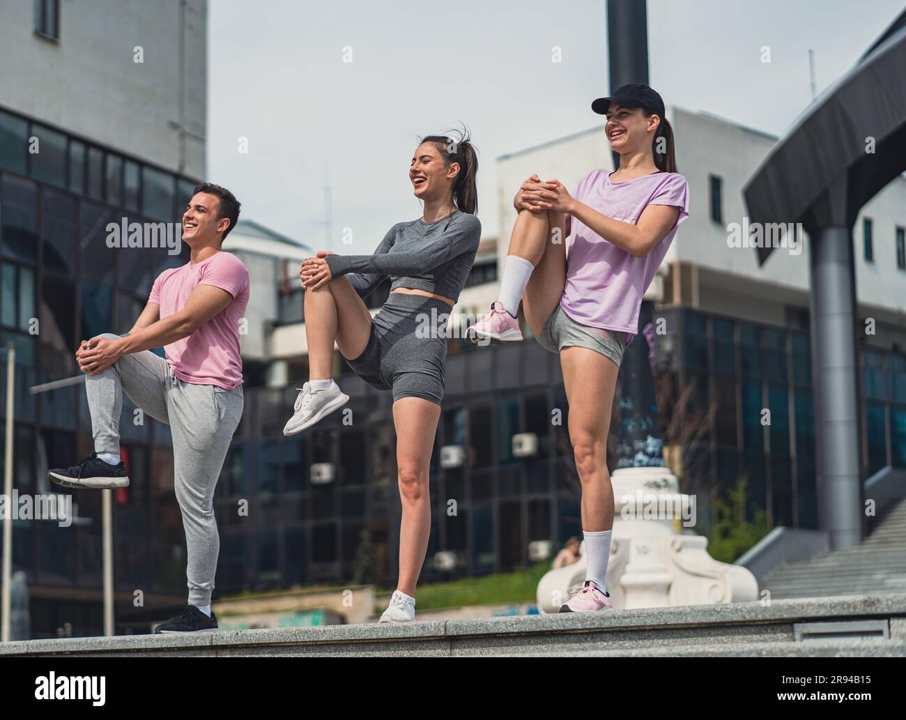 Beautiful sports friends having fun conversation and smiling while ...