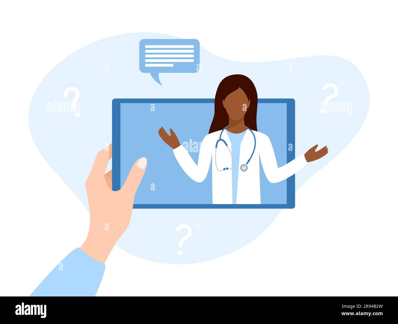Hand holding tablet with black female doctor on screen. Medical ...