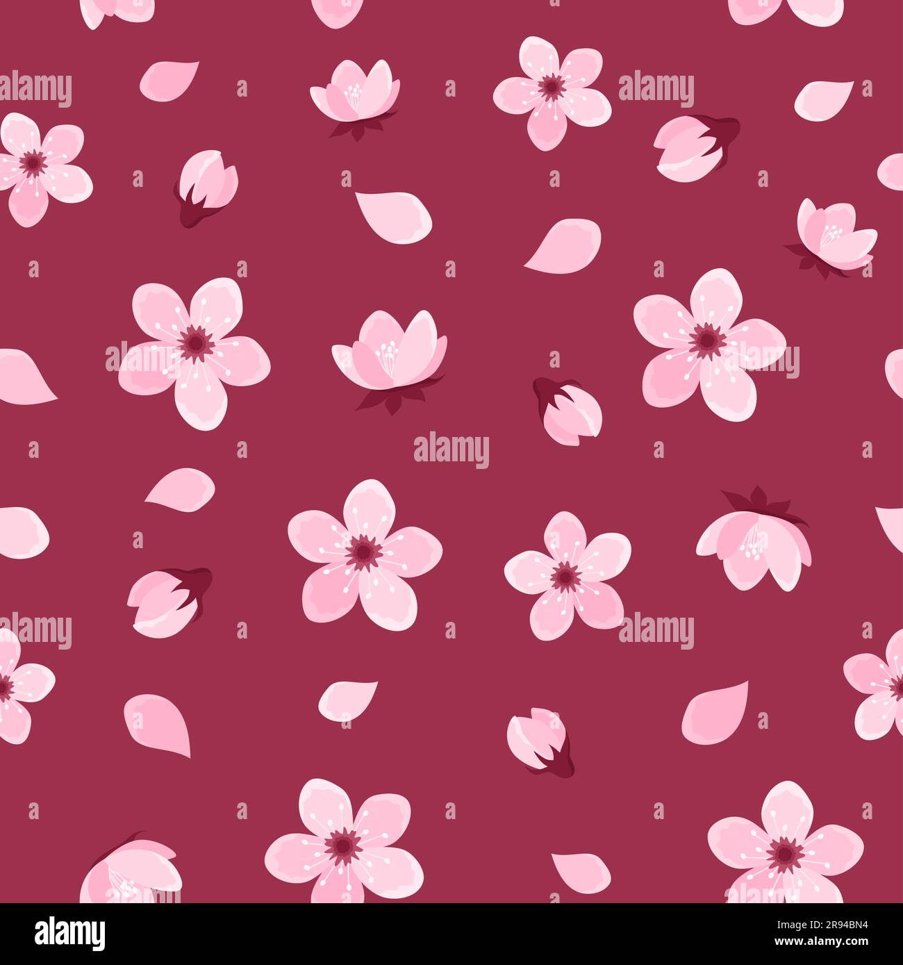 Pink cherry tree flowers seamless pattern on dark pink background ...