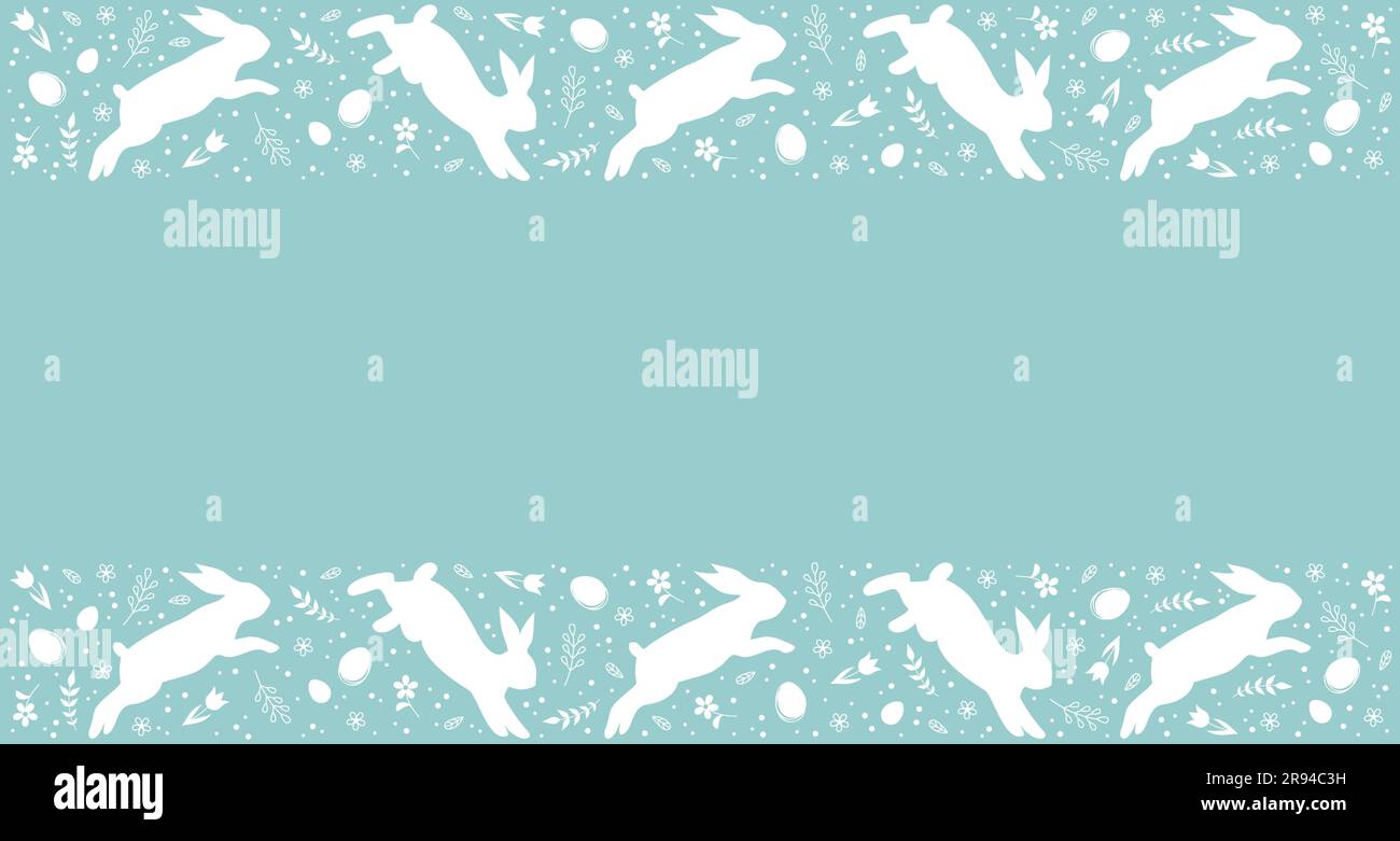 Frame of Easter rabbits, eggs, flowers and leaves on a pastel green ...