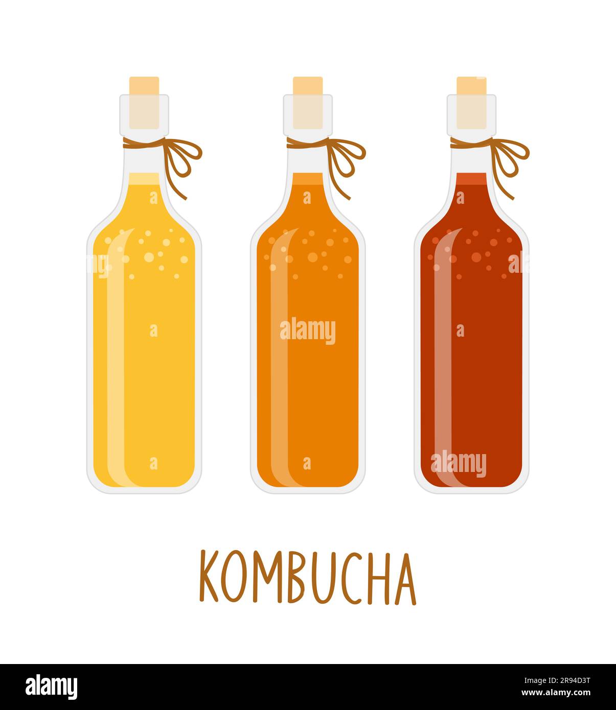 Homemade kombucha tea of different colors in glass bottles on a white ...