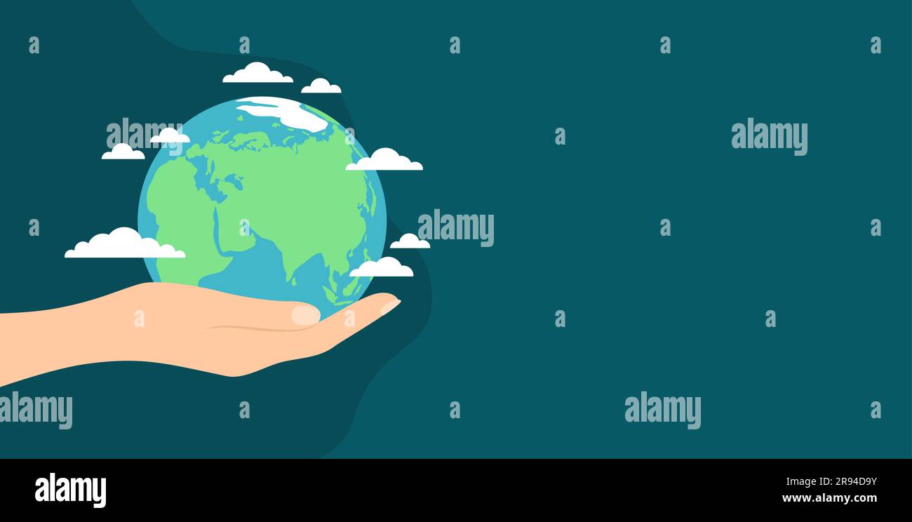 Hand holding planet Earth with clouds around on dark blue background ...