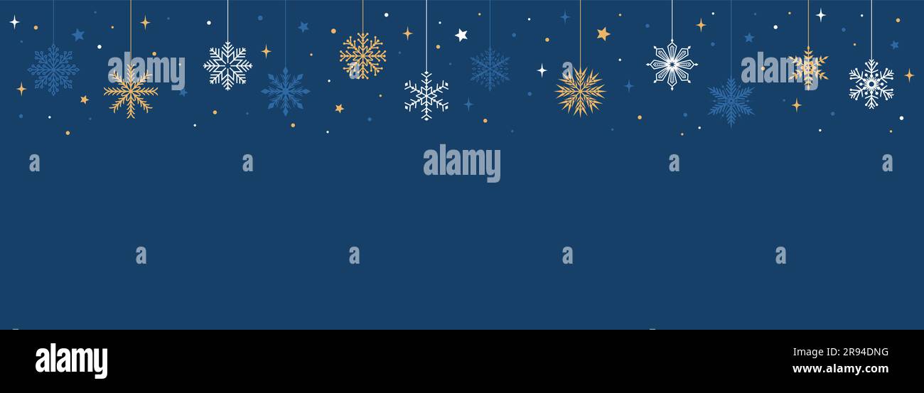 Christmas frame with gold, white and blue snowflakes on a blue ...