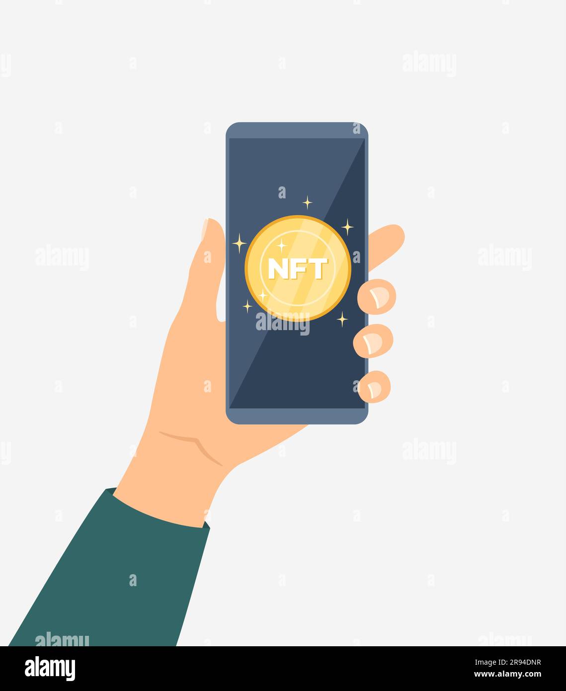 Hand holding smartphone with non fungible token on screen. NFT concept. Flat vector illustration ...