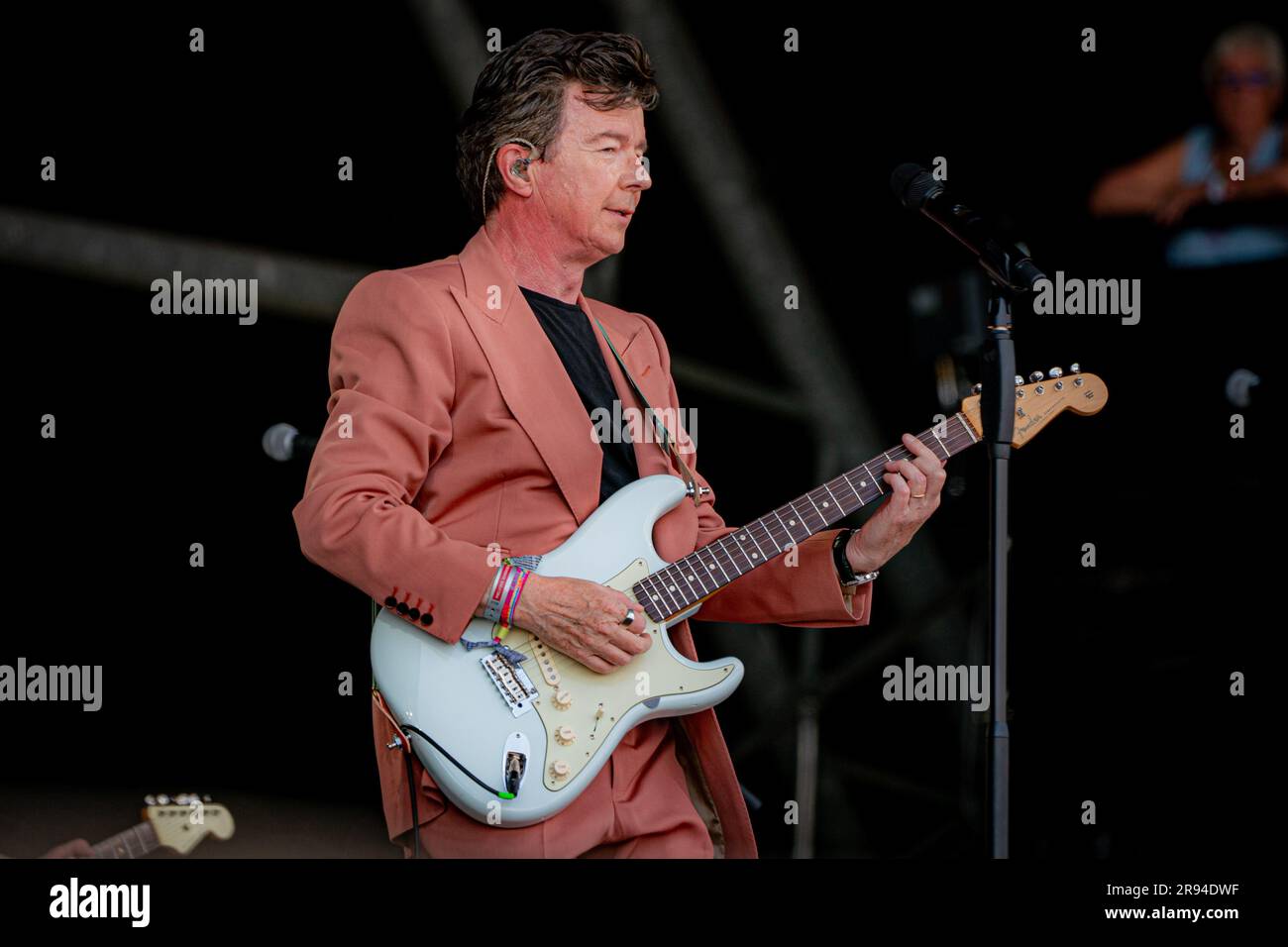 Rick Astley performs on the Pyramid Stage at the Glastonbury Festival ...