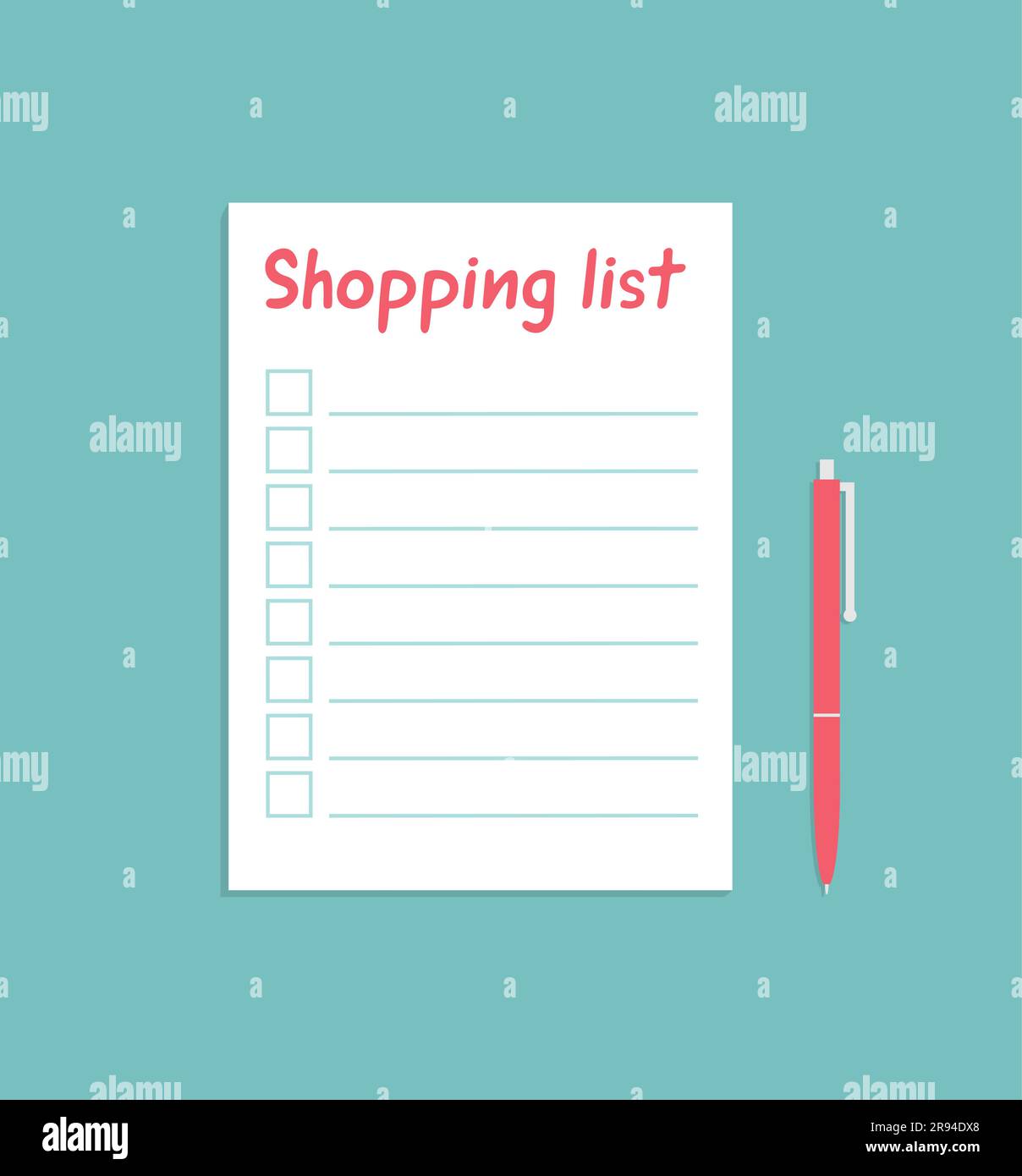 A white sheet of paper with a shopping list and a pen on a turquoise ... A white sheet of paper with a shopping list and a pen on a turquoise ...