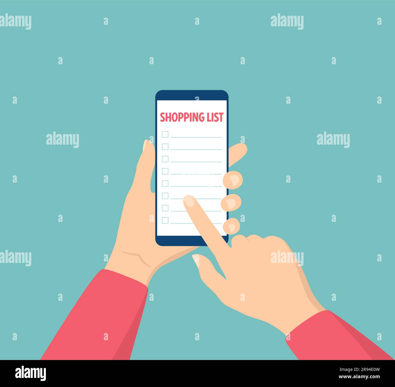 Hands holding smartphone with shopping list on screen. Flat vector ...
