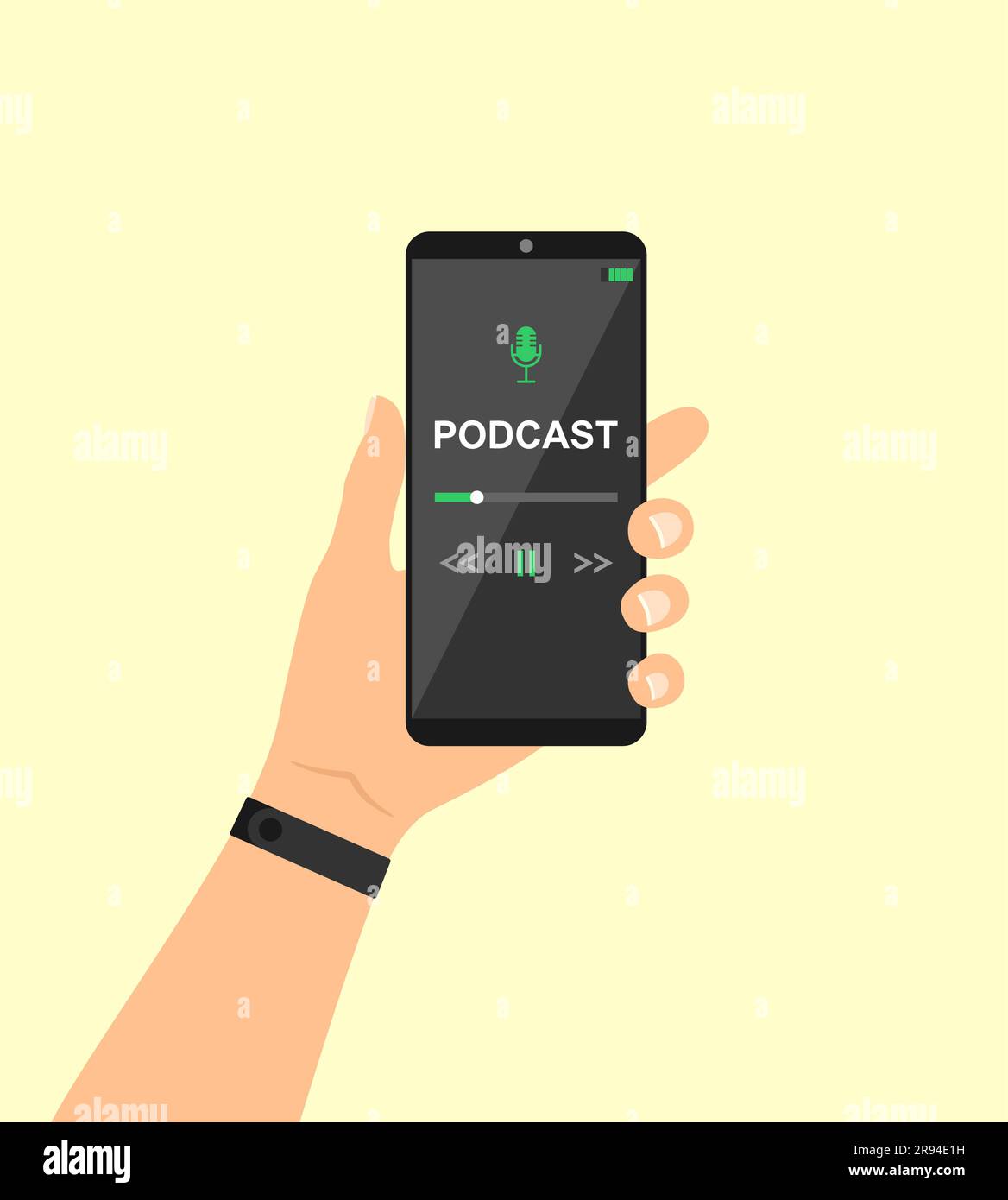 Hand holding mobile smartphone with podcast app on screen. Flat vector ...