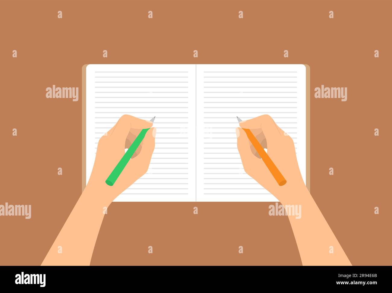 An ambidextrous person writing with both hands in a notebook. Flat ...