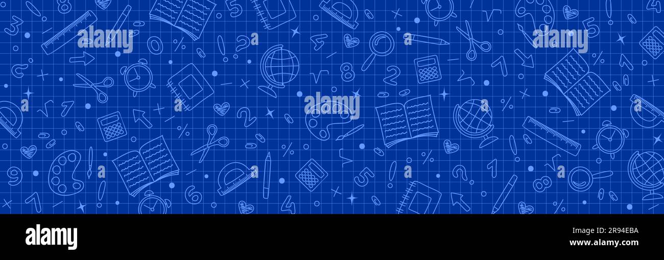 Graph blue background with hand drawn school stationery icons. Back to ...