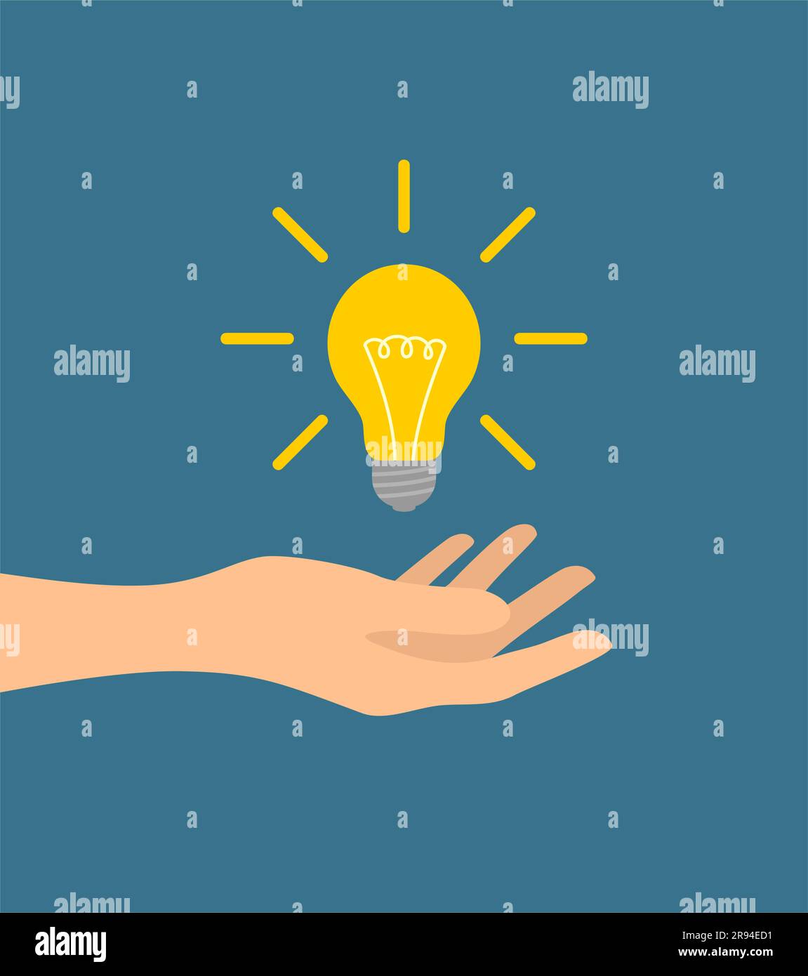 A hand holding a yellow electric lamp on a blue background. Flat vector ...