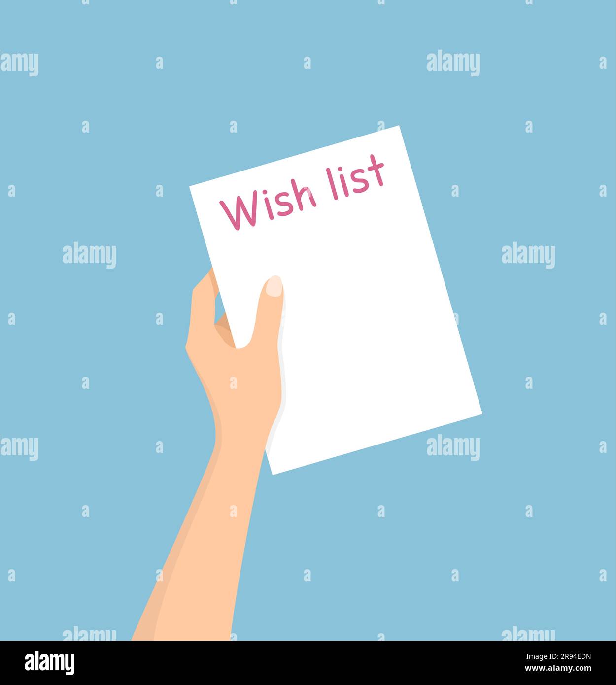 A hand holding a white sheet of paper with a wish list on a blue ...