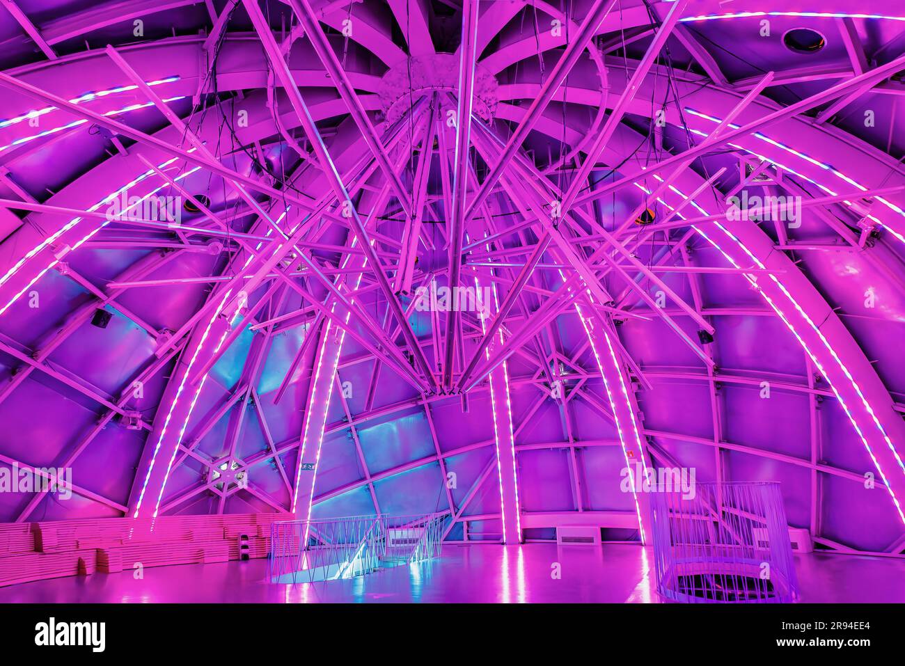 Brussels, Belgium-June, 15, 2023: Lights decoration inside the Atomium ...
