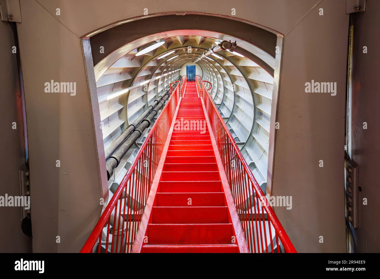 Brussels, Belgium-June, 15, 2023:Red stairs inside the Atomium of ...
