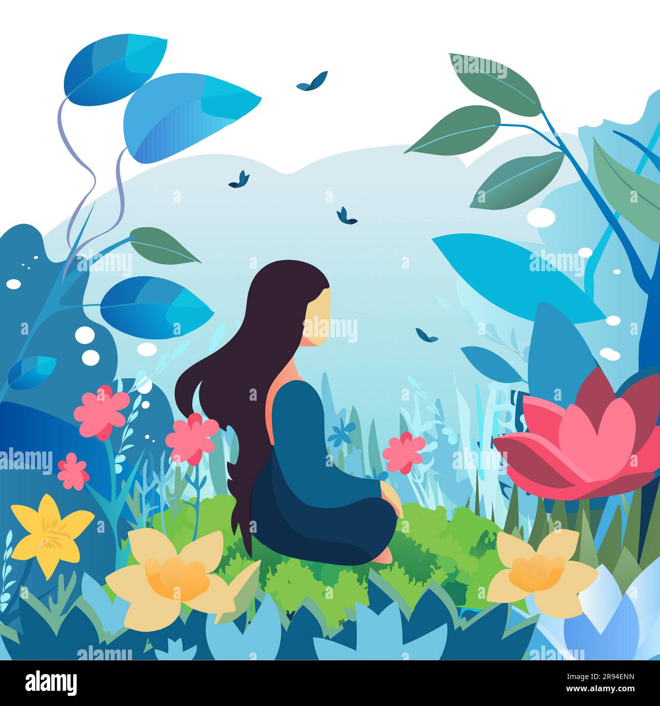a girl in a blooming garden meditating. Mental health and recovery ...