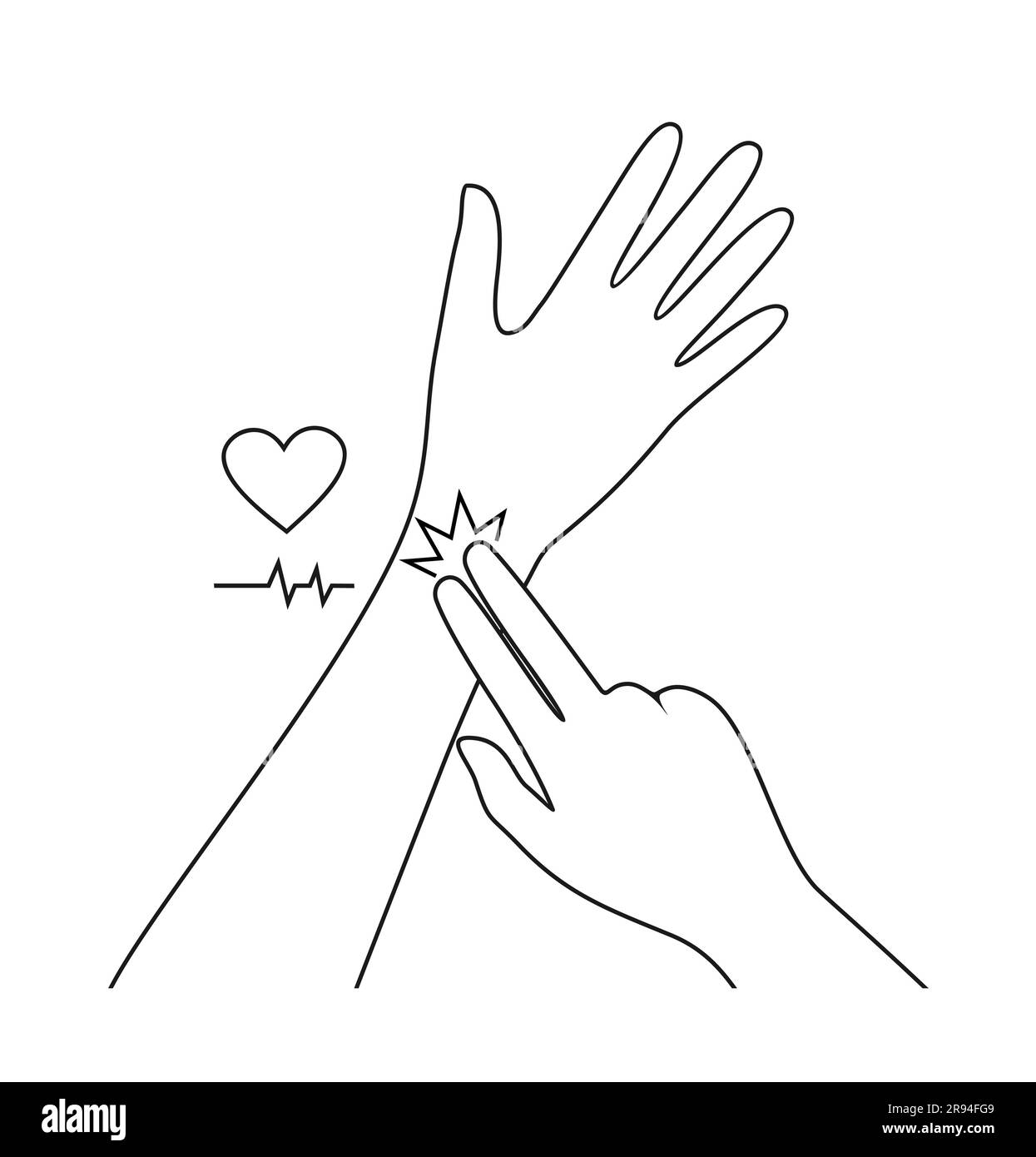 Measurement of the pulse. Two hands, heart and cardiogram in linear ...