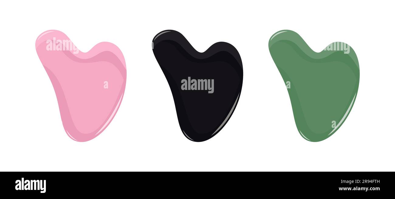 Pink quartz, black obsidian and green jade gua sha stones isolated on a ...