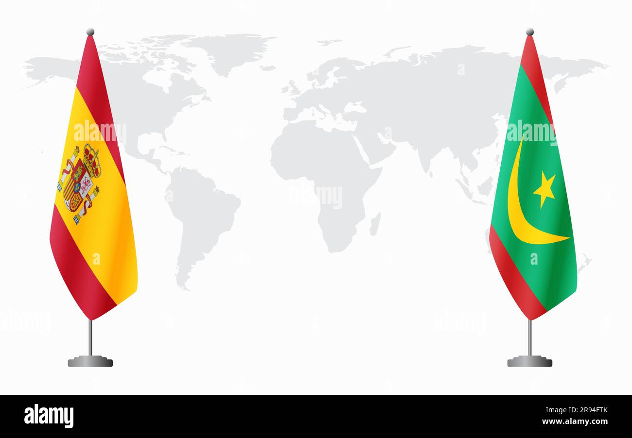 Spain and Mauritania flags for official meeting against background of ...