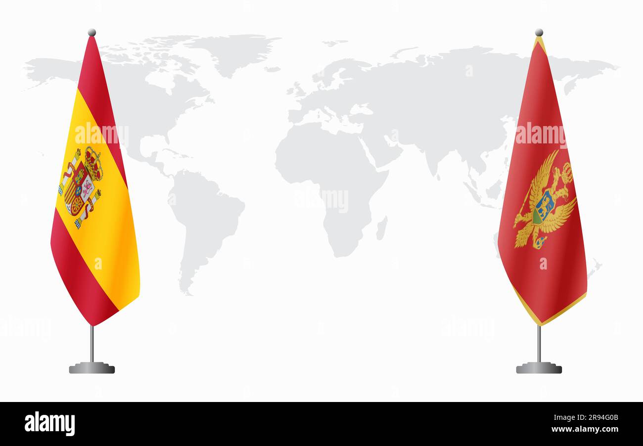 Spain and Montenegro flags for official meeting against background of ...