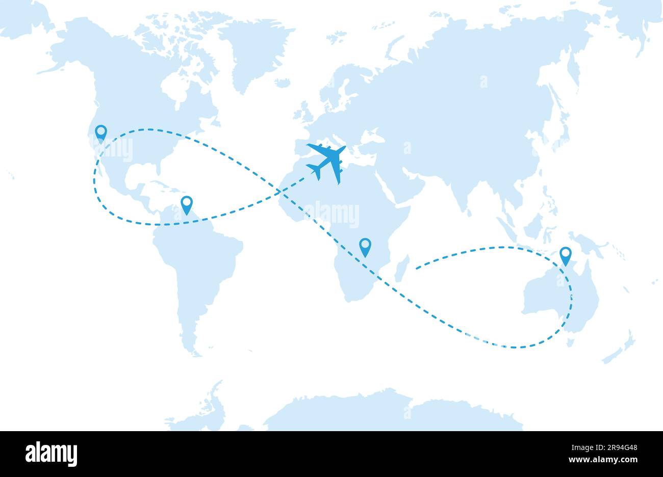 A blue airplane flying over a blue world map. Dashed route line and ...