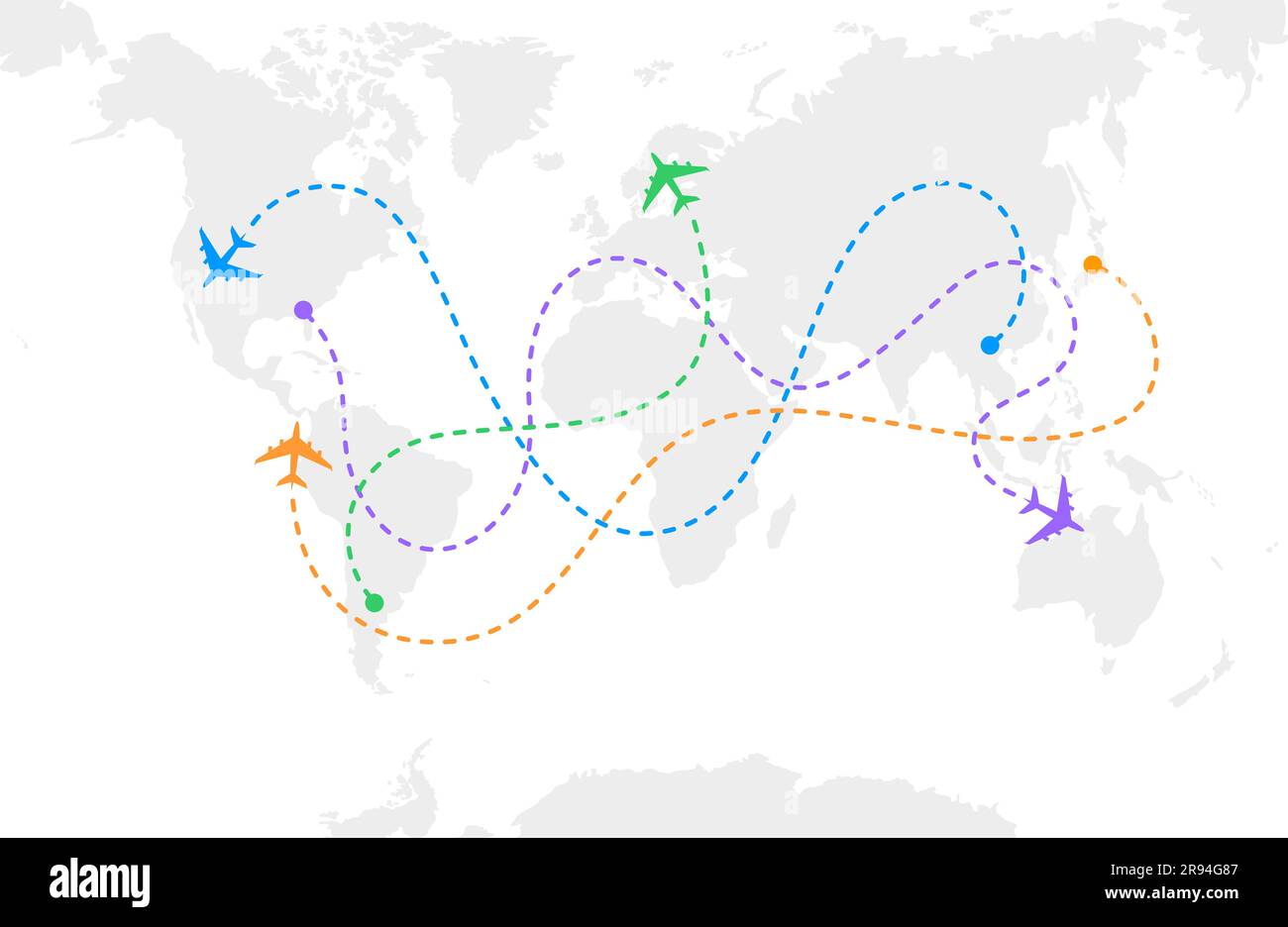 Colored planes and lines of air routes on a gray world map. Vector ...