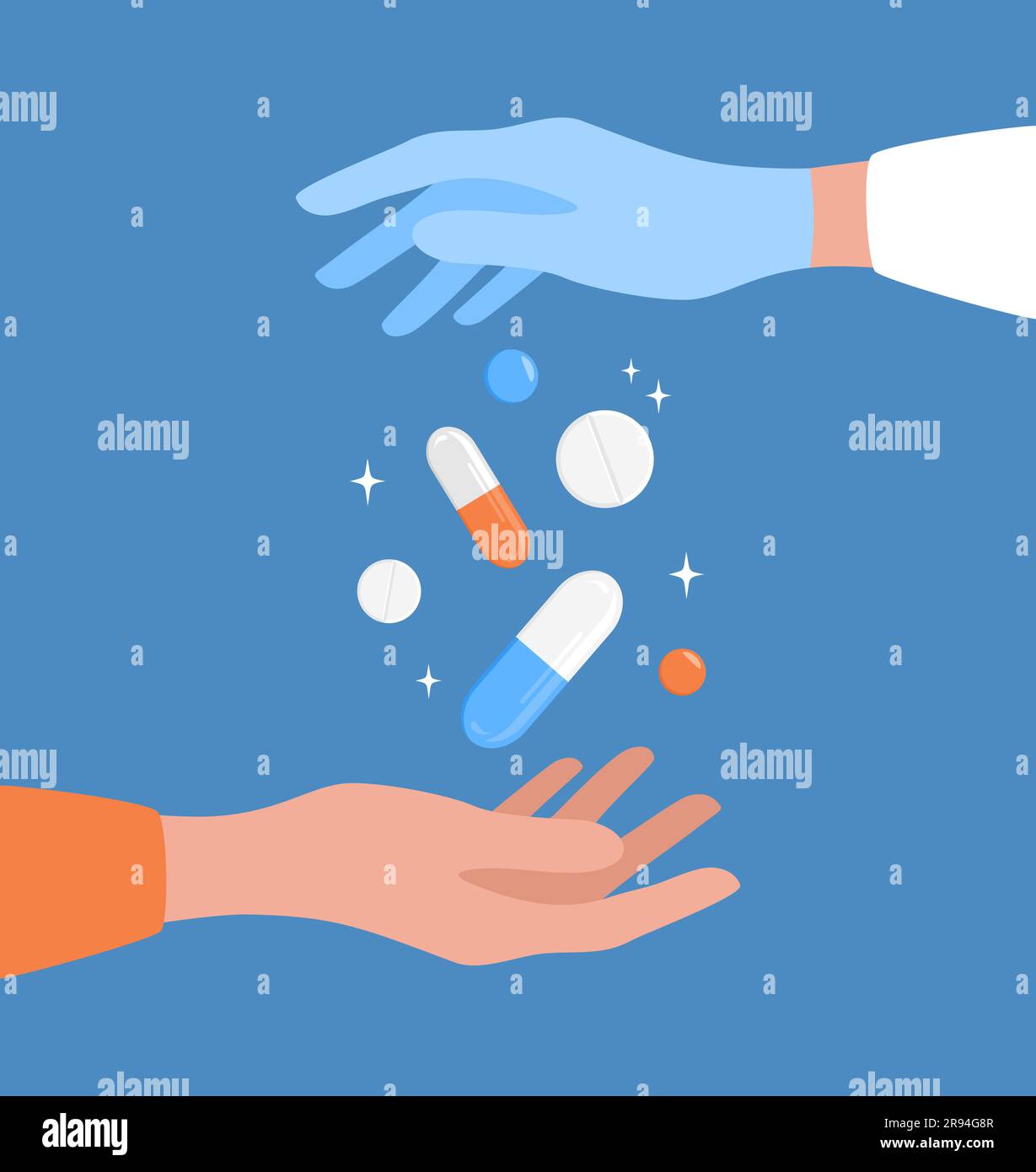 The doctor giving the patient pills and capsules. Two hands and ...