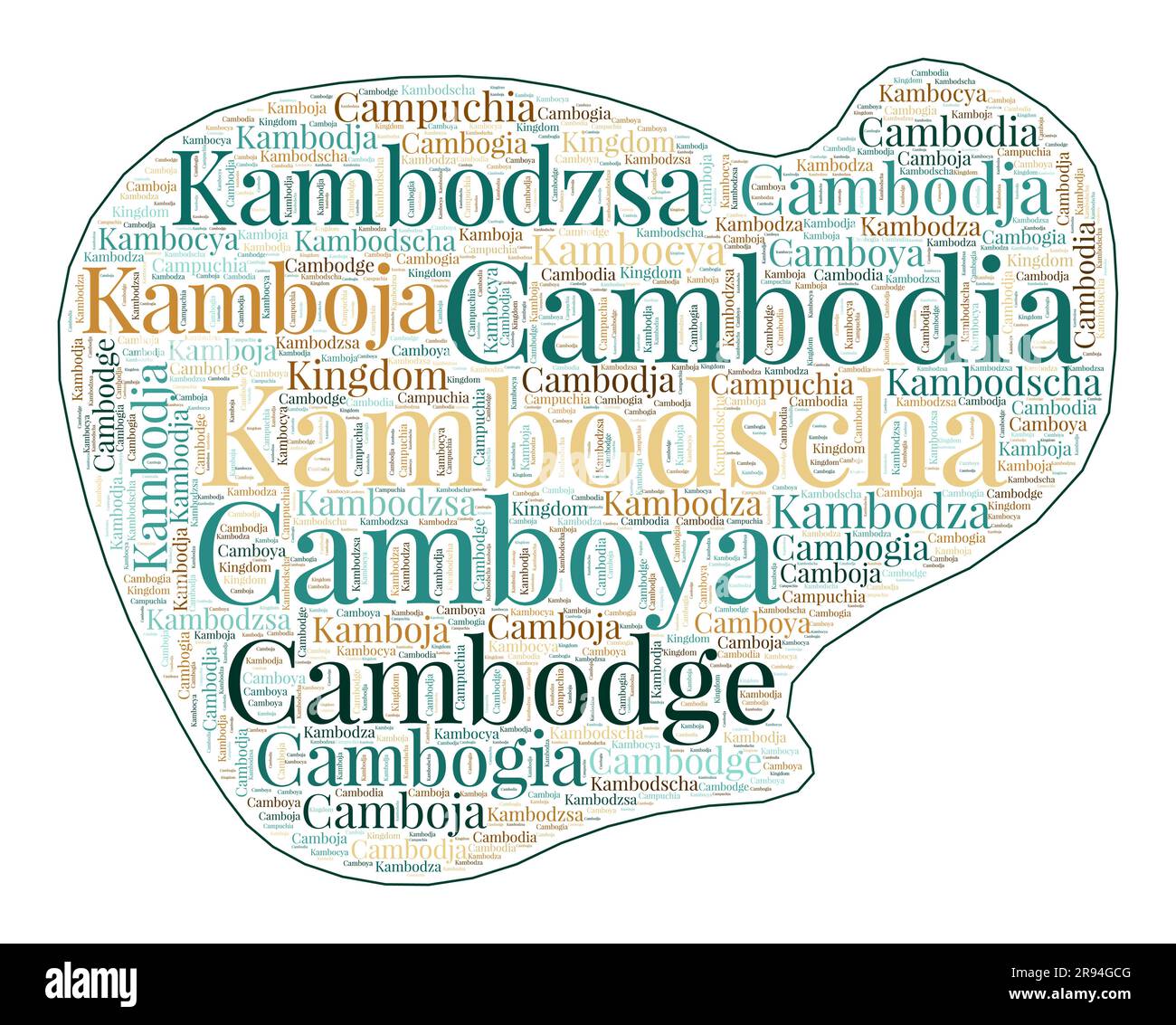 Cambodia shape filled with country name in many languages. Cambodia map ...