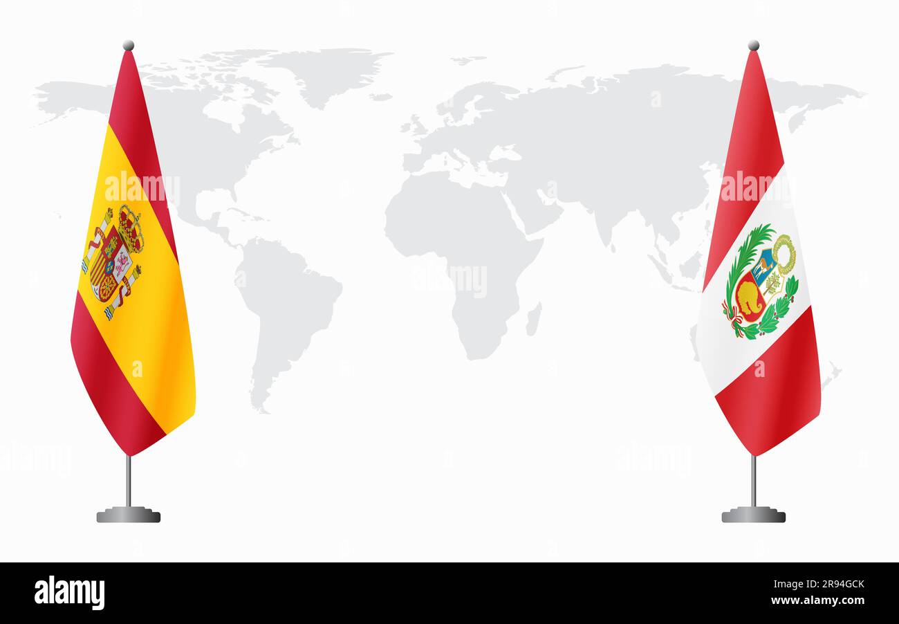 Spain and Peru flags for official meeting against background of world ...