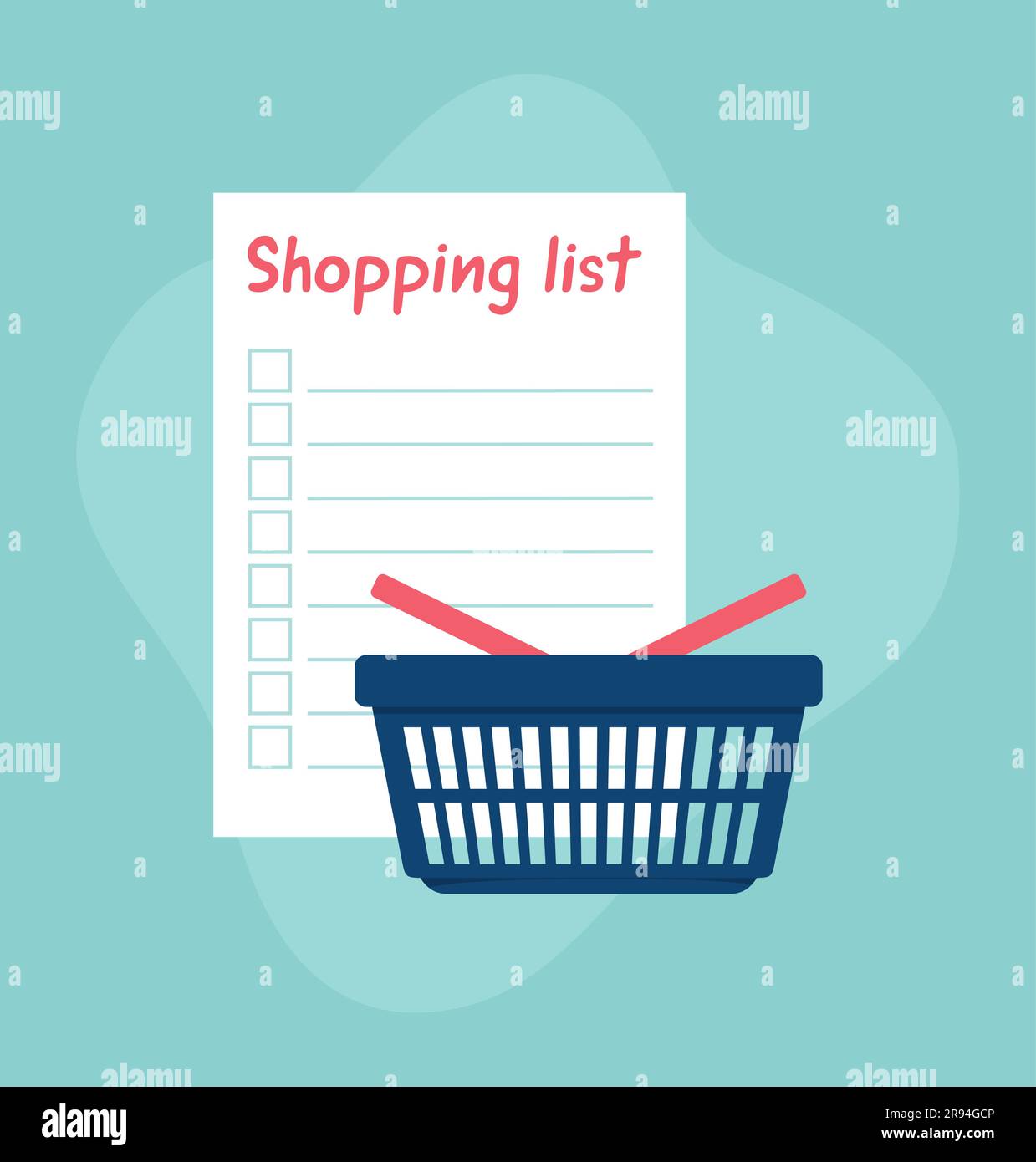Big shopping list and blue plastic shopping basket on a turquoise ...