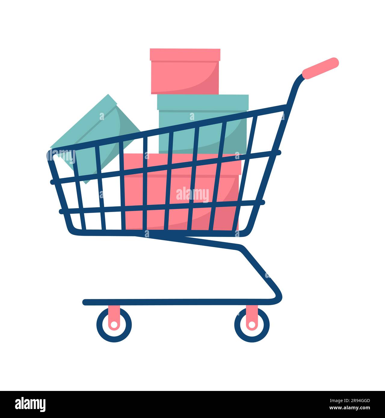 Shopping Cart With Green And Pink Boxes On White Background Flat