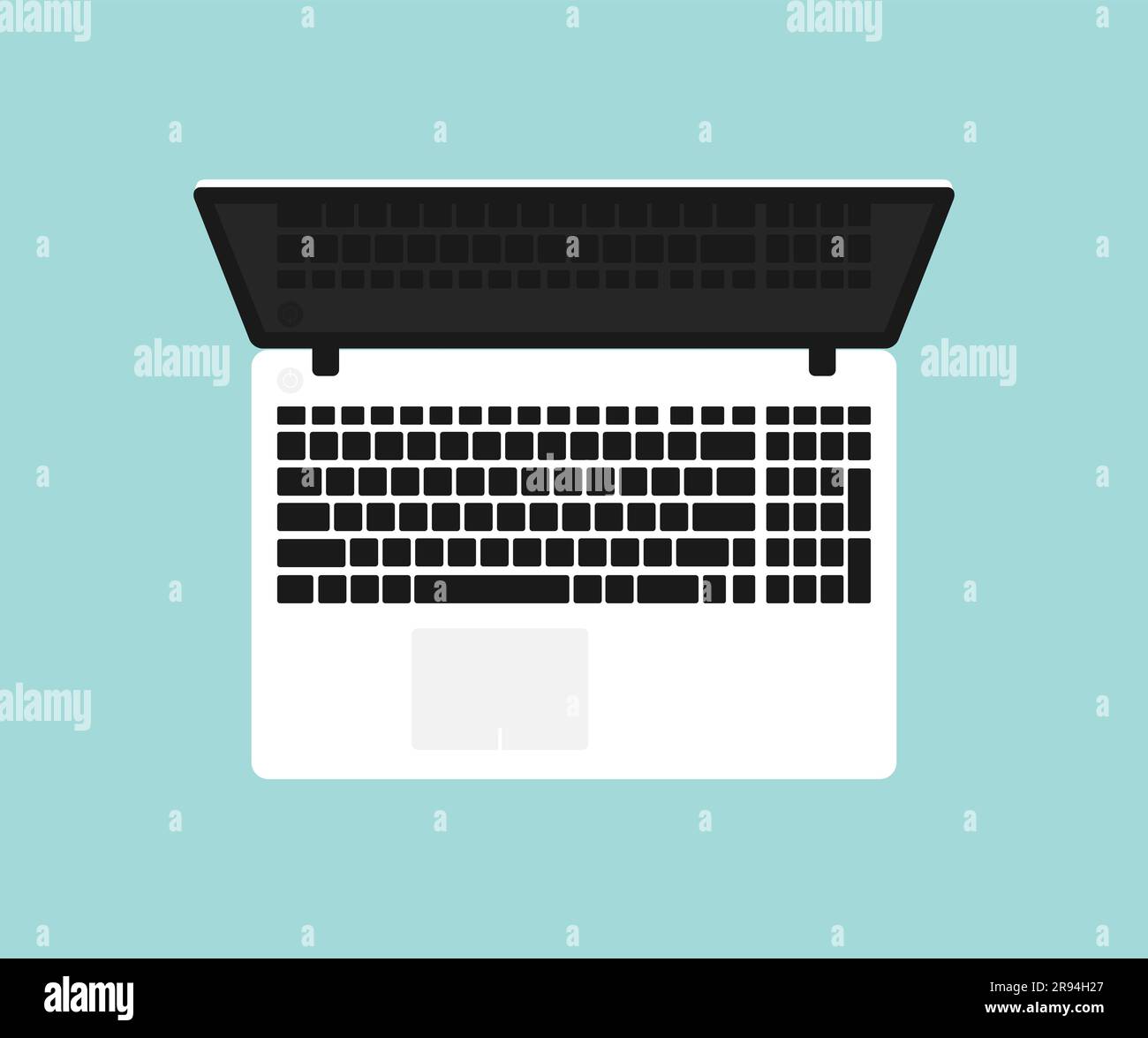 Top view of white and black open notebook on blue background. Flat ...