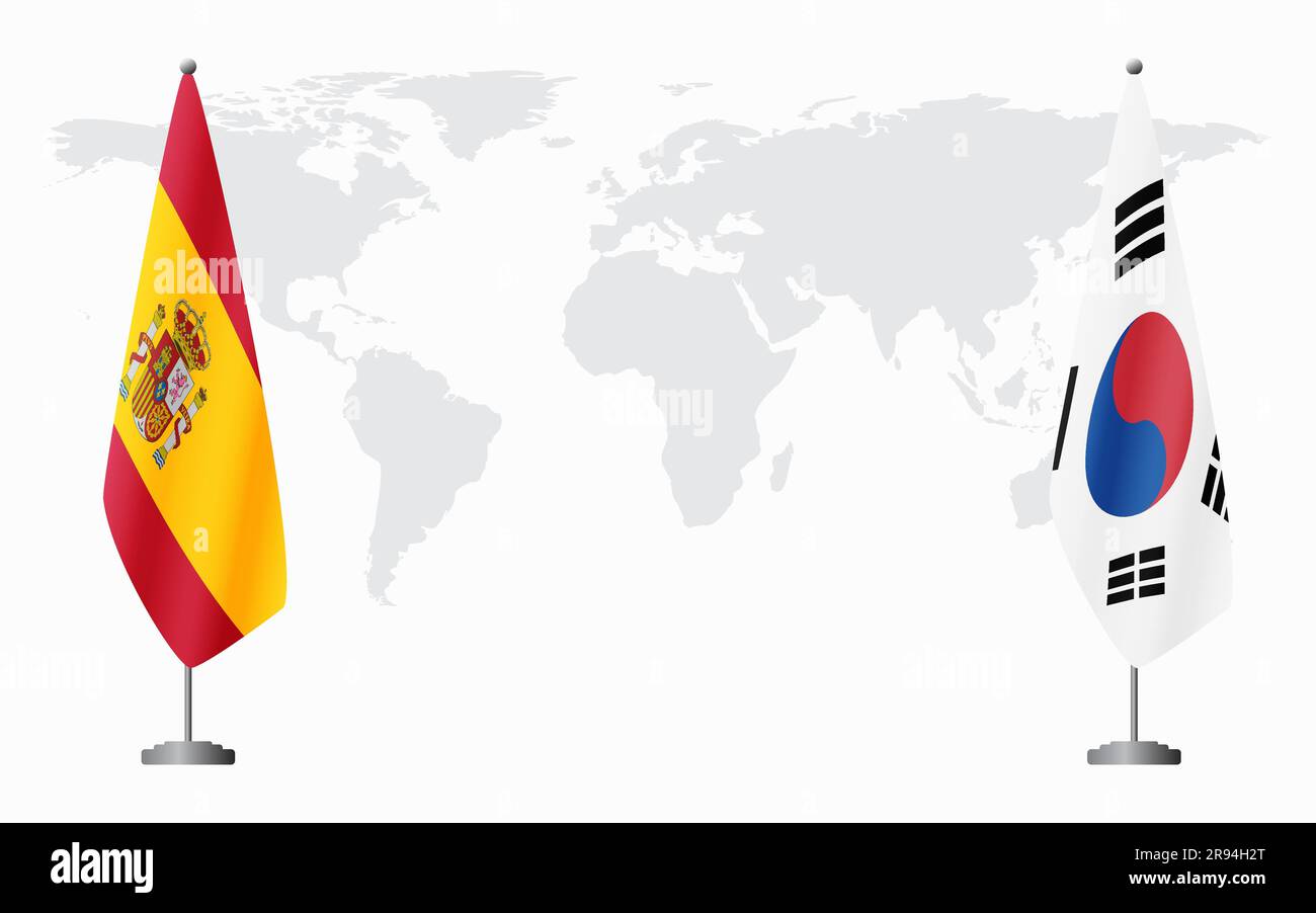 Spain and South Korea flags for official meeting against background of ...