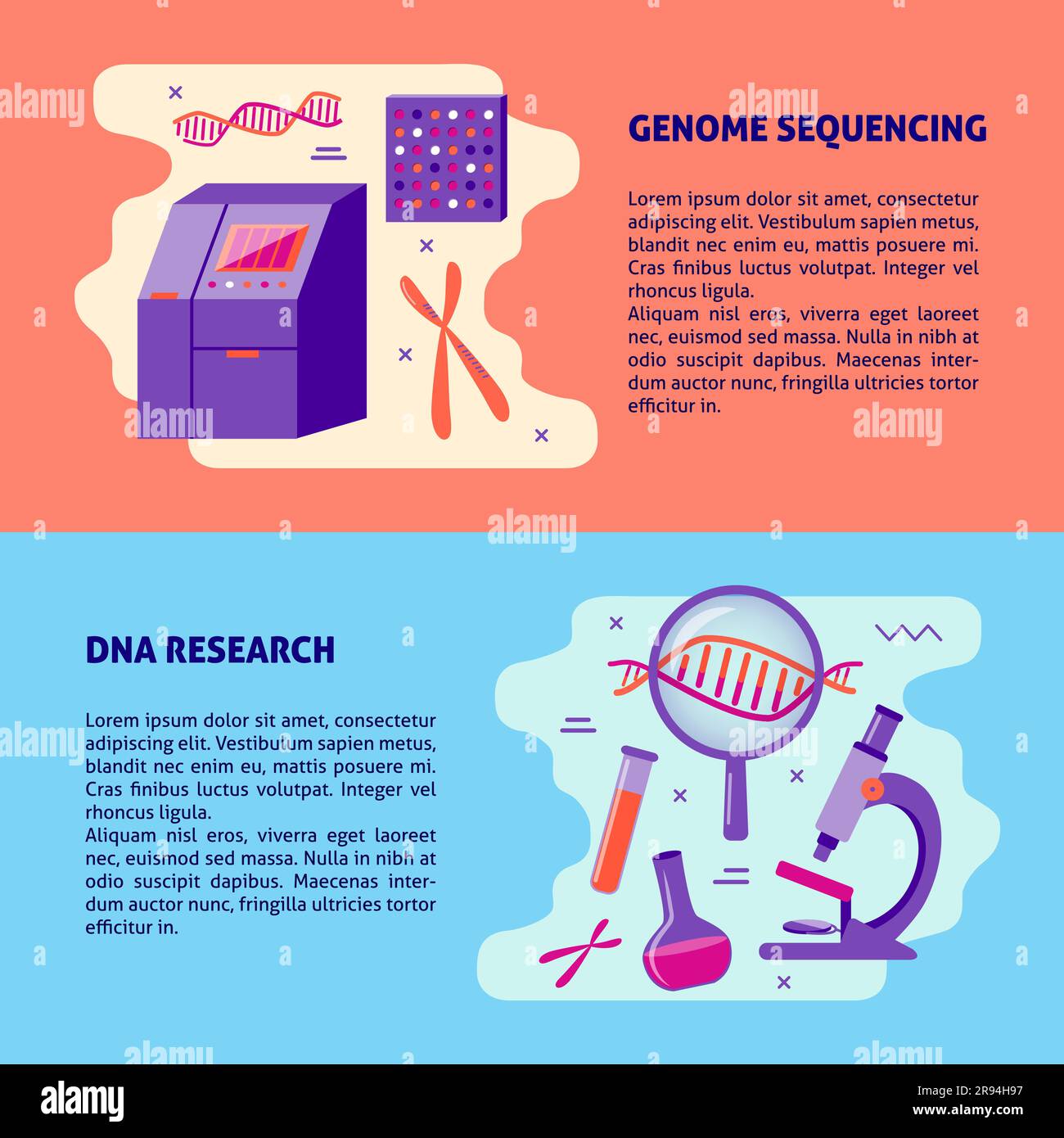Genome sequencing and DNA research medical banner or flyer template in ...