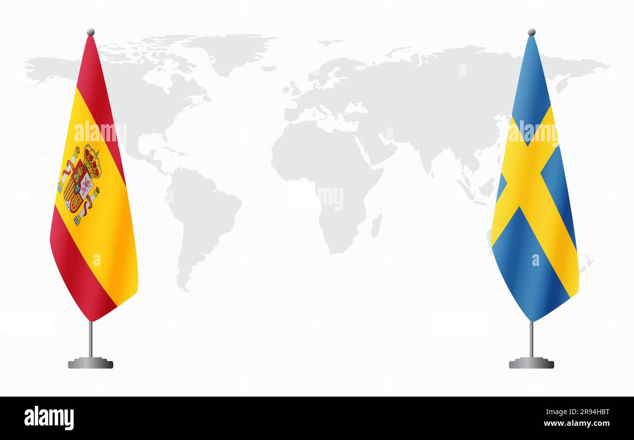 Spain and Sweden flags for official meeting against background of world ...