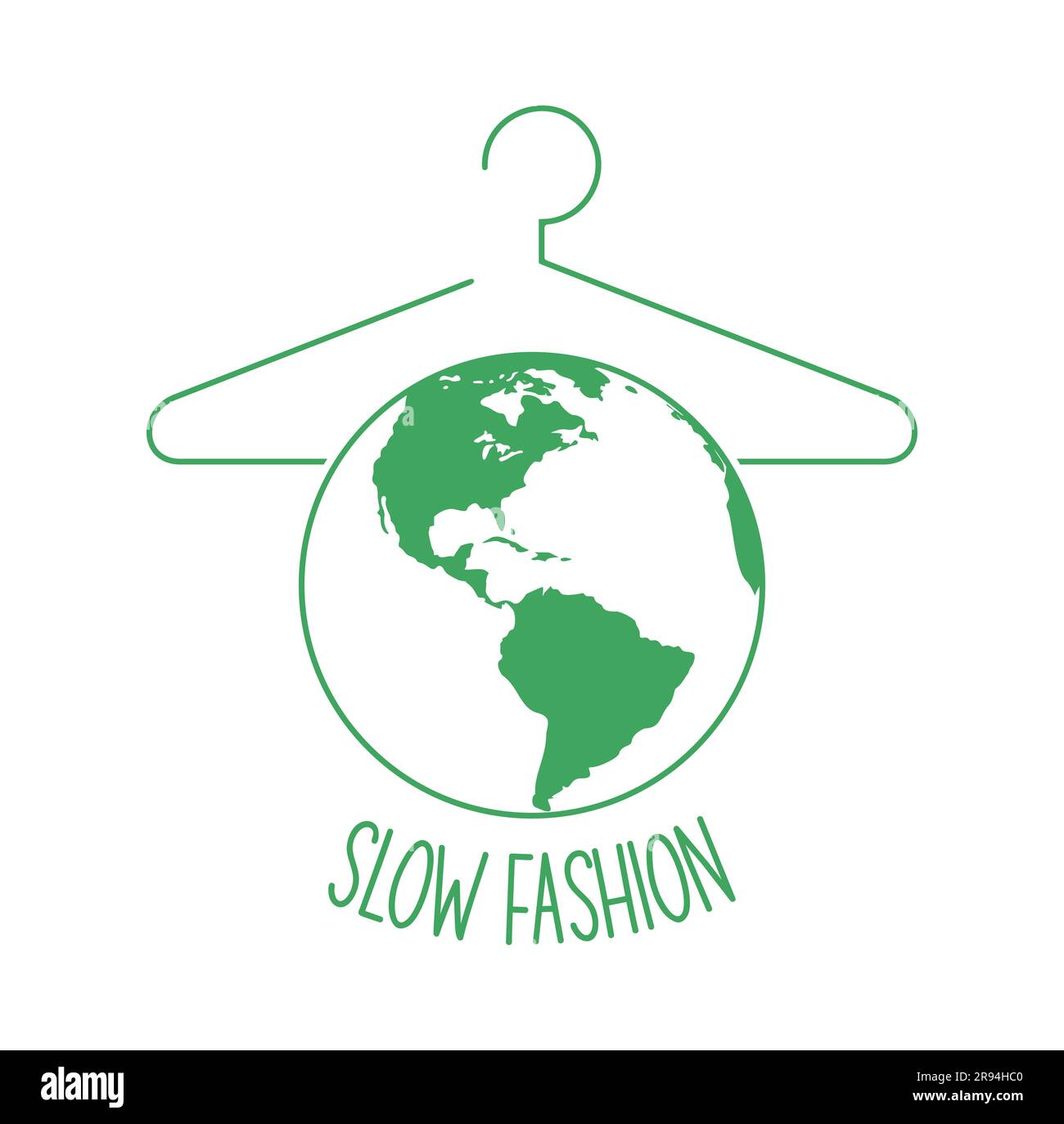 Green hanger with earth globe and text slow fashion on white background ...