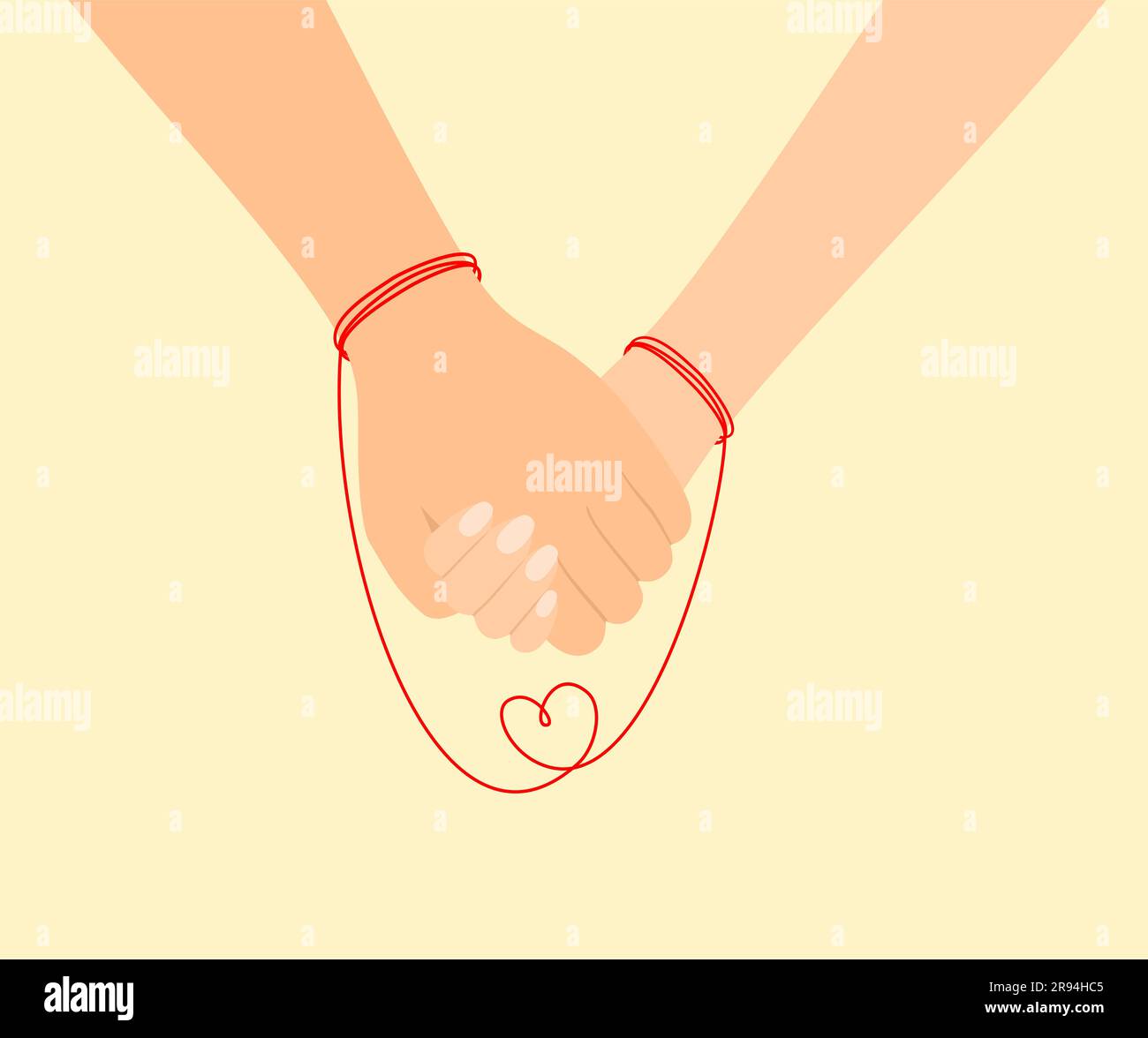 The couple is holding hands, connected by the red thread of fate ...