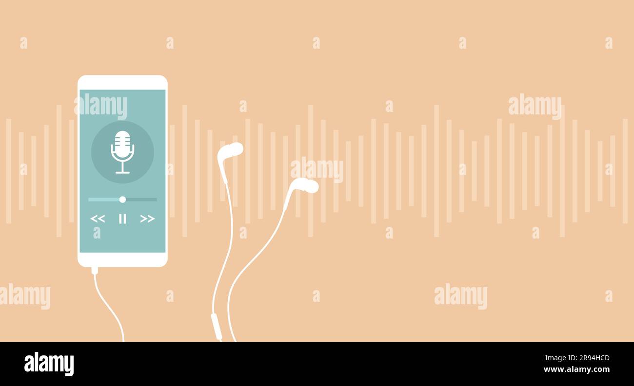 Mobile smartphone with podcast app on screen and earphones on peach ...