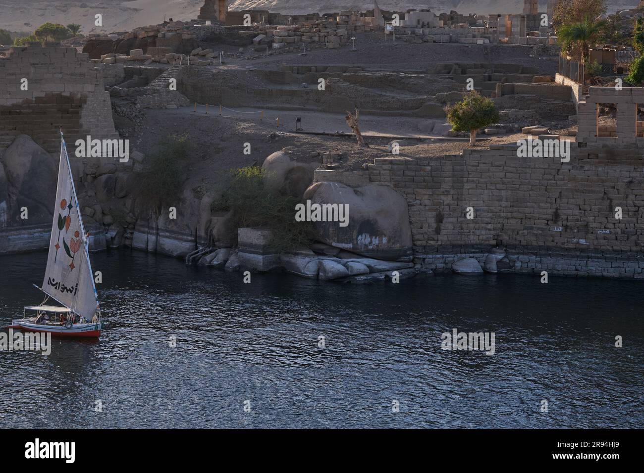 Nile river in Aswan, Egypt afternoon shot showing feluccas and boats in ...