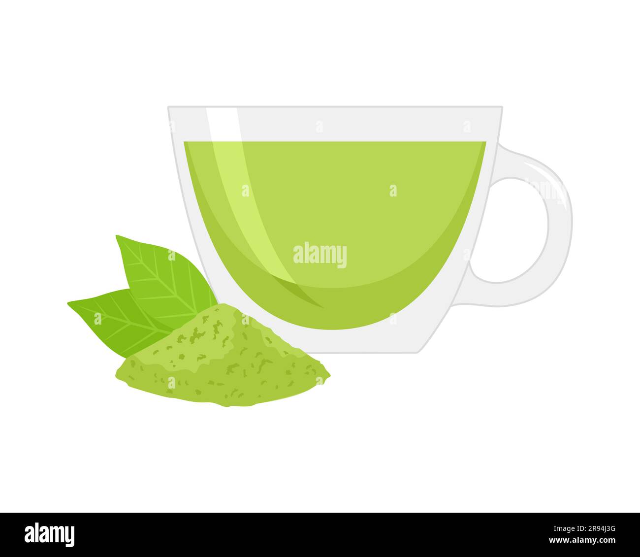 Glass cup with hot tea and powdered Japanese green matcha tea decorated ...