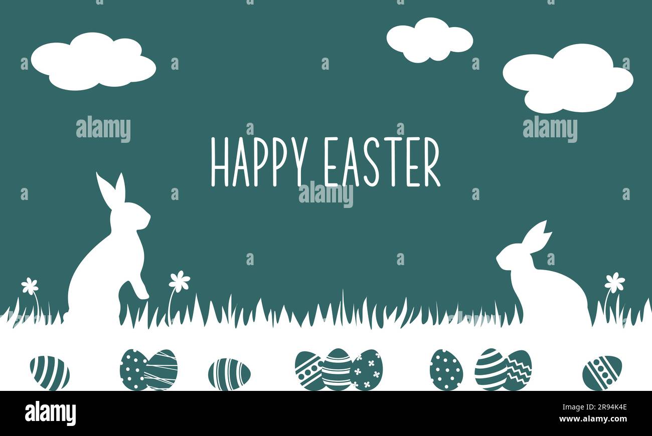 Easter greeting card. White rabbits and easter eggs in a grass and ...