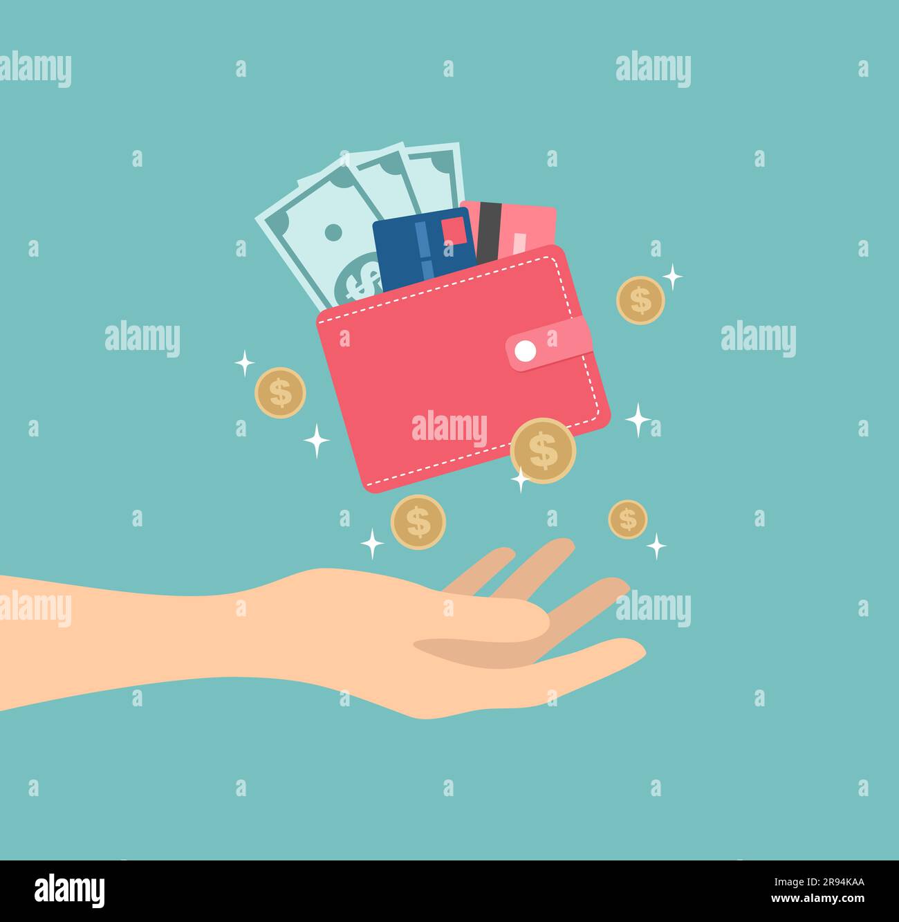 Hand holding red wallet with cash, credit cards and coins. Flat vector illustration Stock Vector ...