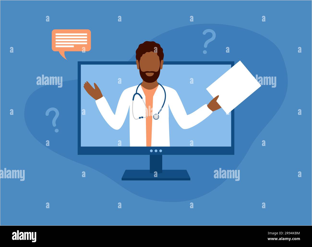 Black man doctor on monitor screen. Medical consultation online. Flat ...