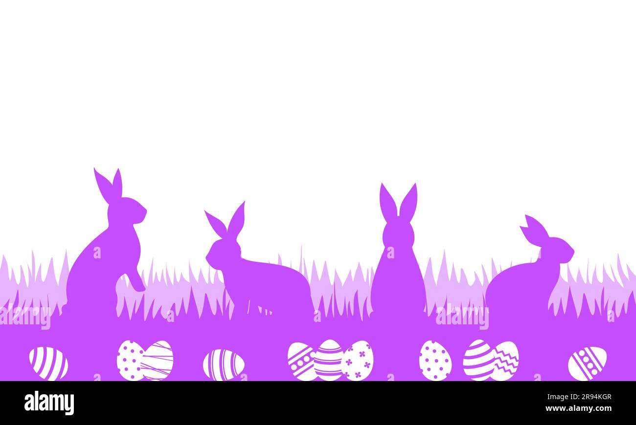 Purple rabbits and white Easter eggs in a grass on a white background ...