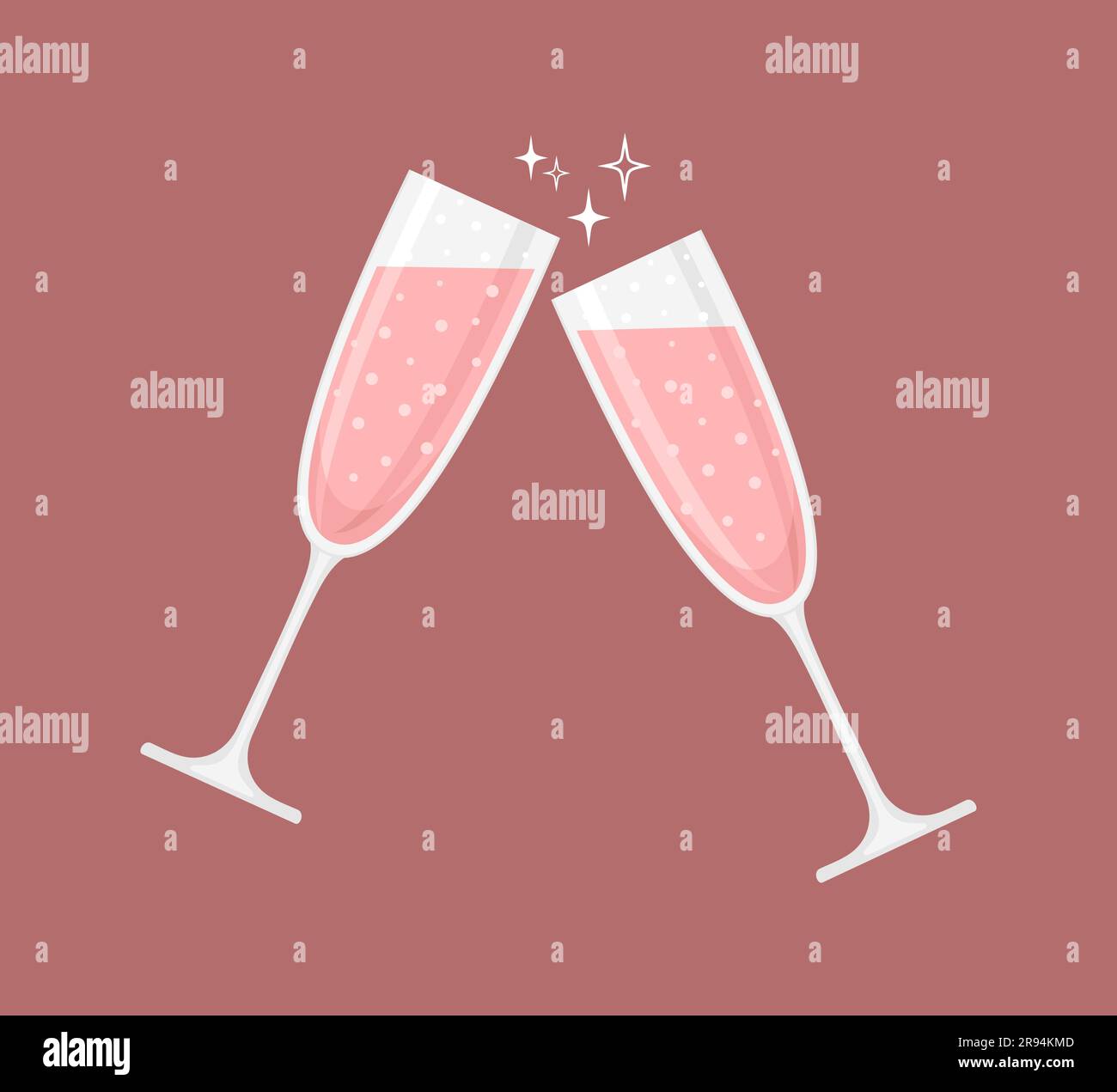 Two Glasses Of Rose Sparkling Wine Or Champagne On A Pale Red Background Vector Illustration In