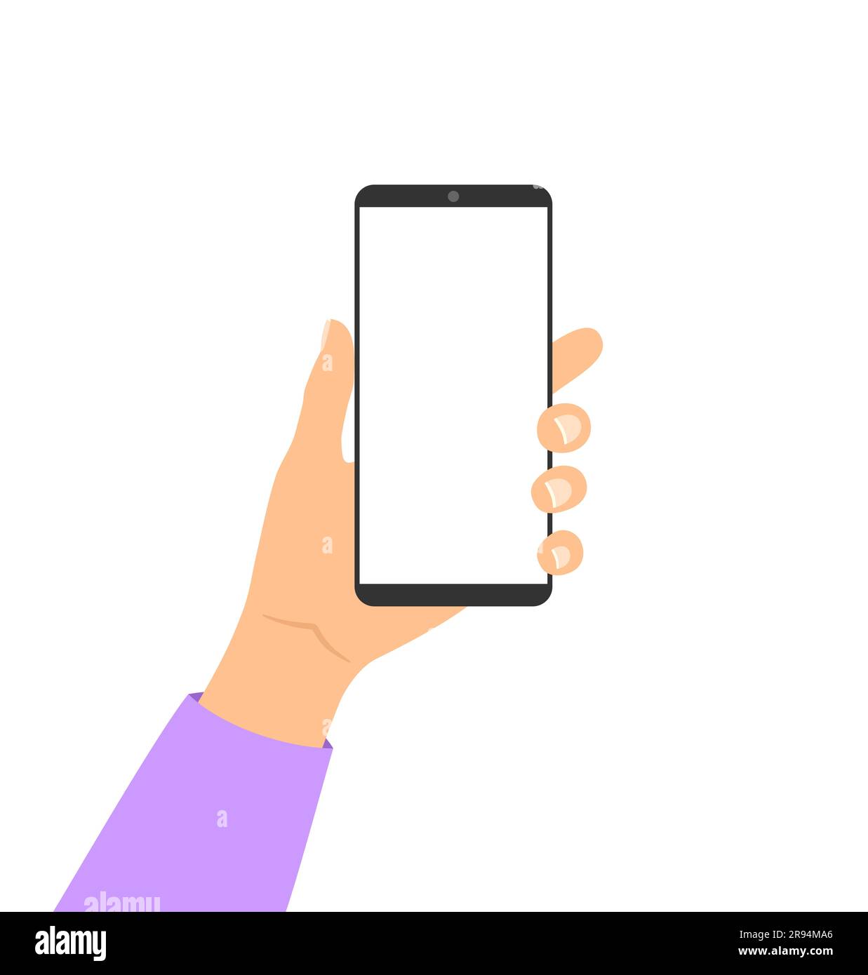 Female hand holding a black phone with a white empty screen Stock ...