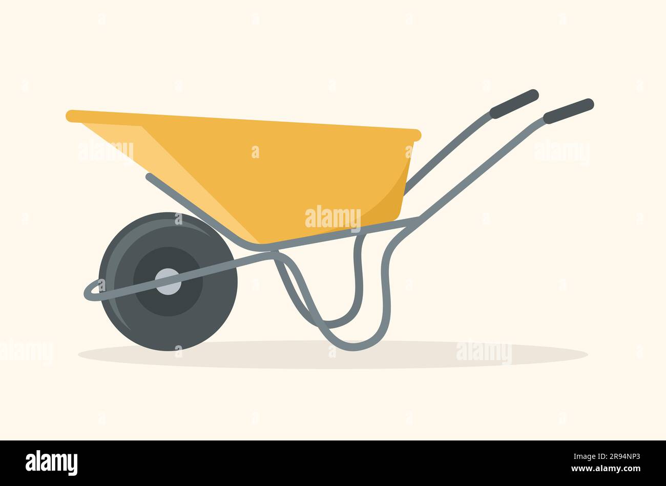 Yellow garden wheelbarrow with gray handles, side view. Flat vector ...