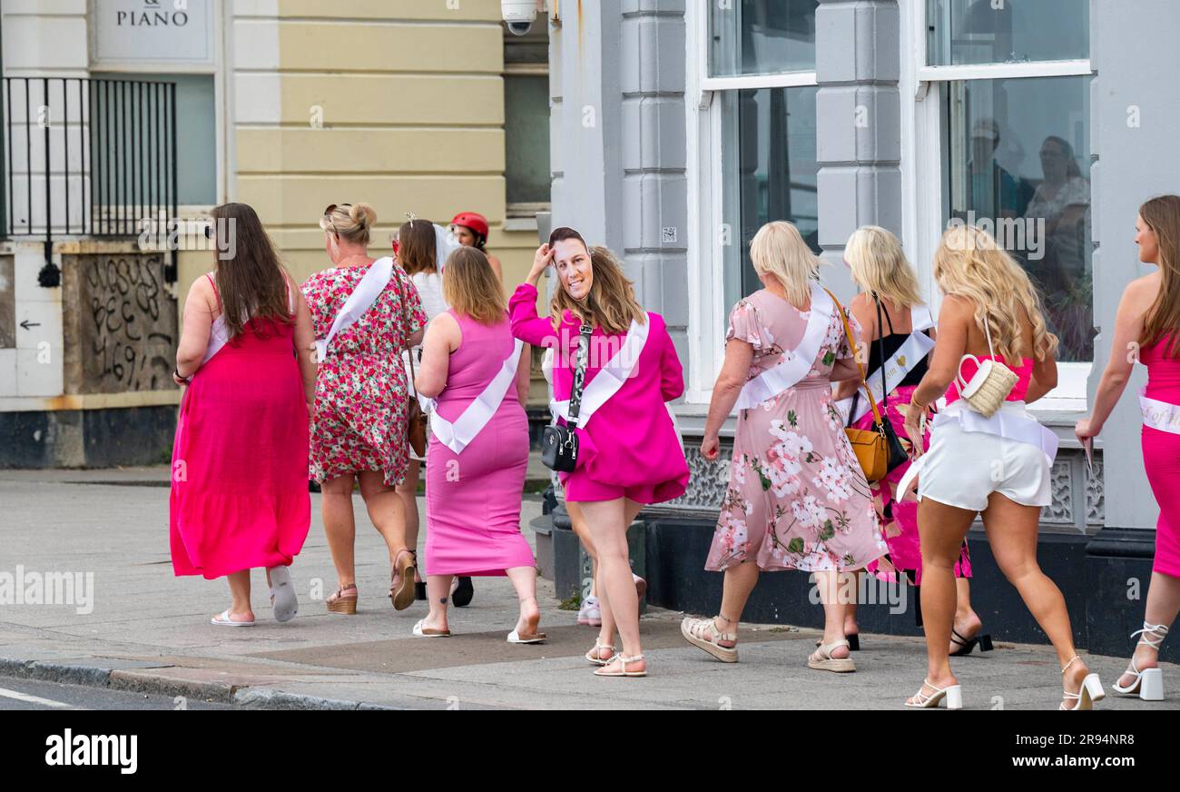 Brighton UK 24th June 2023 - A hen party enjoys the hot weather in ...