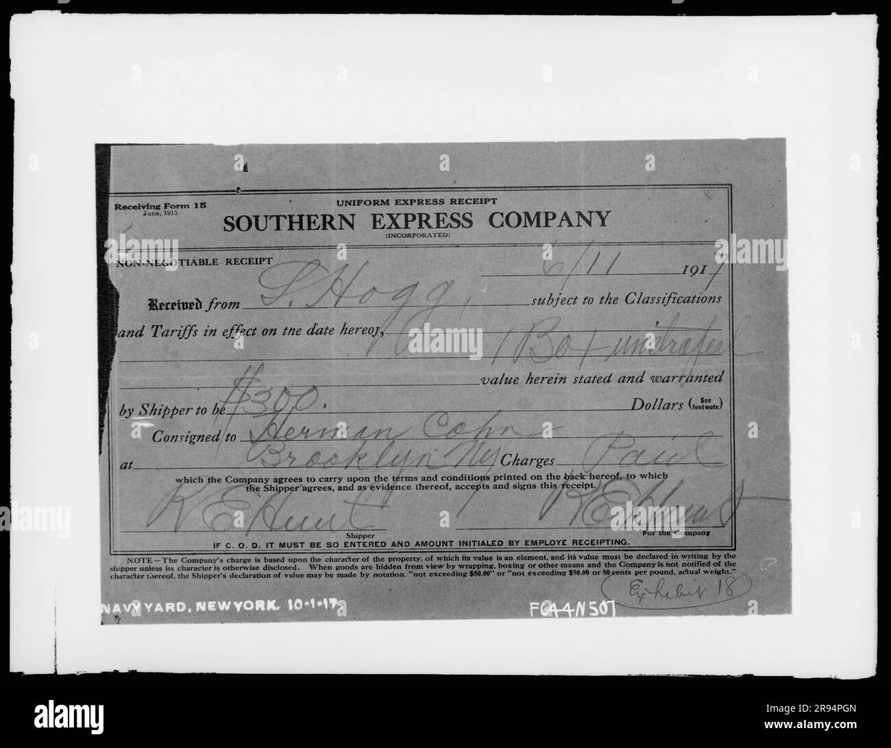 Receipt from Southern Express Company, June 11, 1917. Glass Plate ...